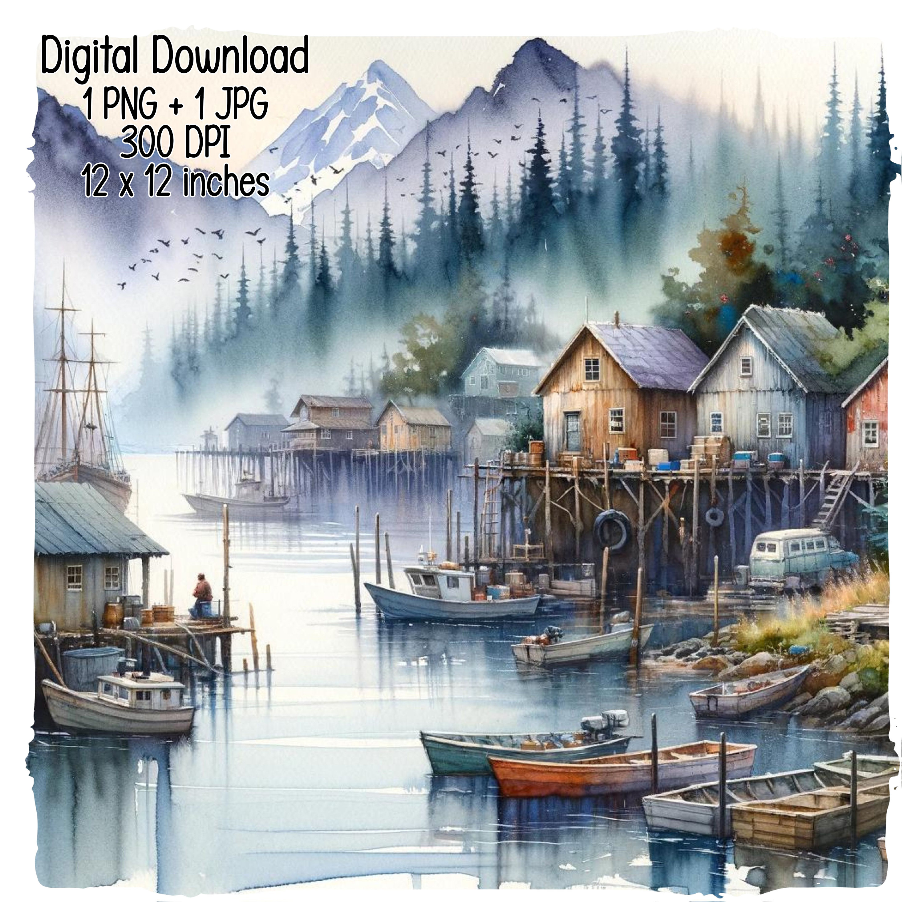 Rustic Alaskan Fishing Village Watercolor Illustration Landscape Lake ...