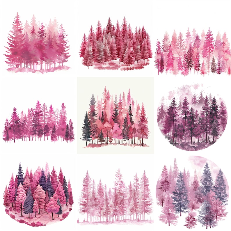 9 JPG Pink Pine Tree Forest Digital Download Monochrome Forest ...
