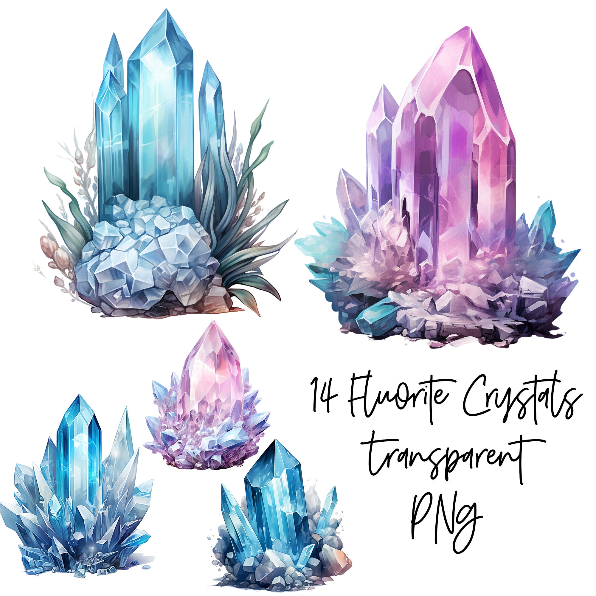 14 PNG Fluorite Crystal Transparent Watercolor Clipart Digital Download ...