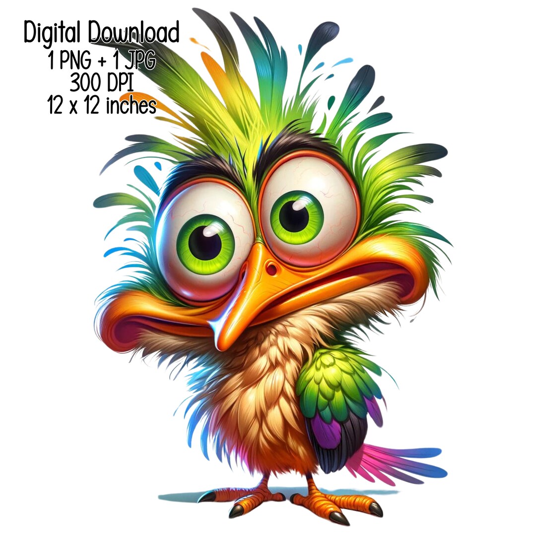 Funny Cute Colorful Humorous Silly Goofy Bird Illustration Clipart ...