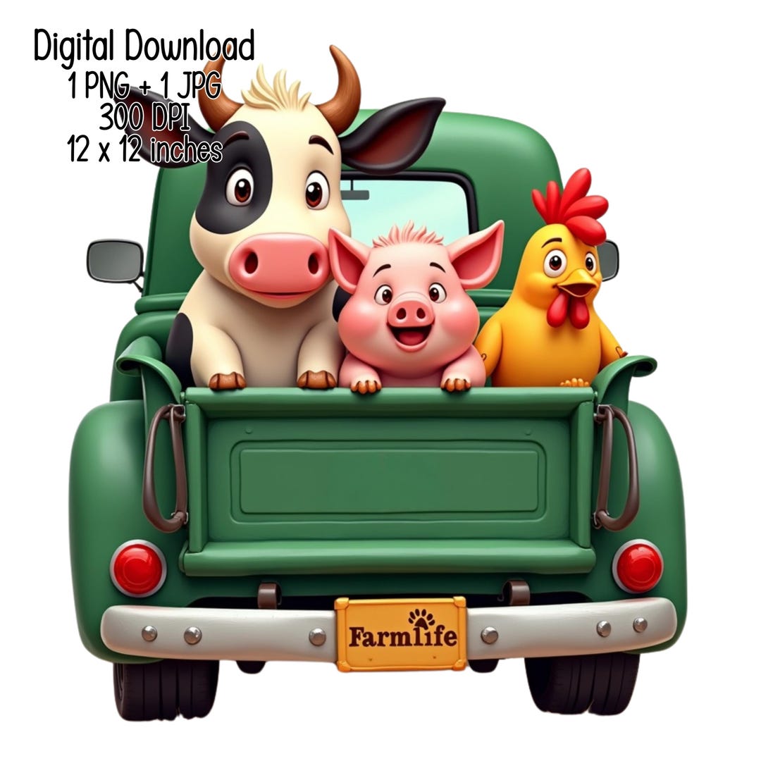 Farm Animals in Truck PNG – Cute Cow Pig Chicken Clipart, Farmhouse ...