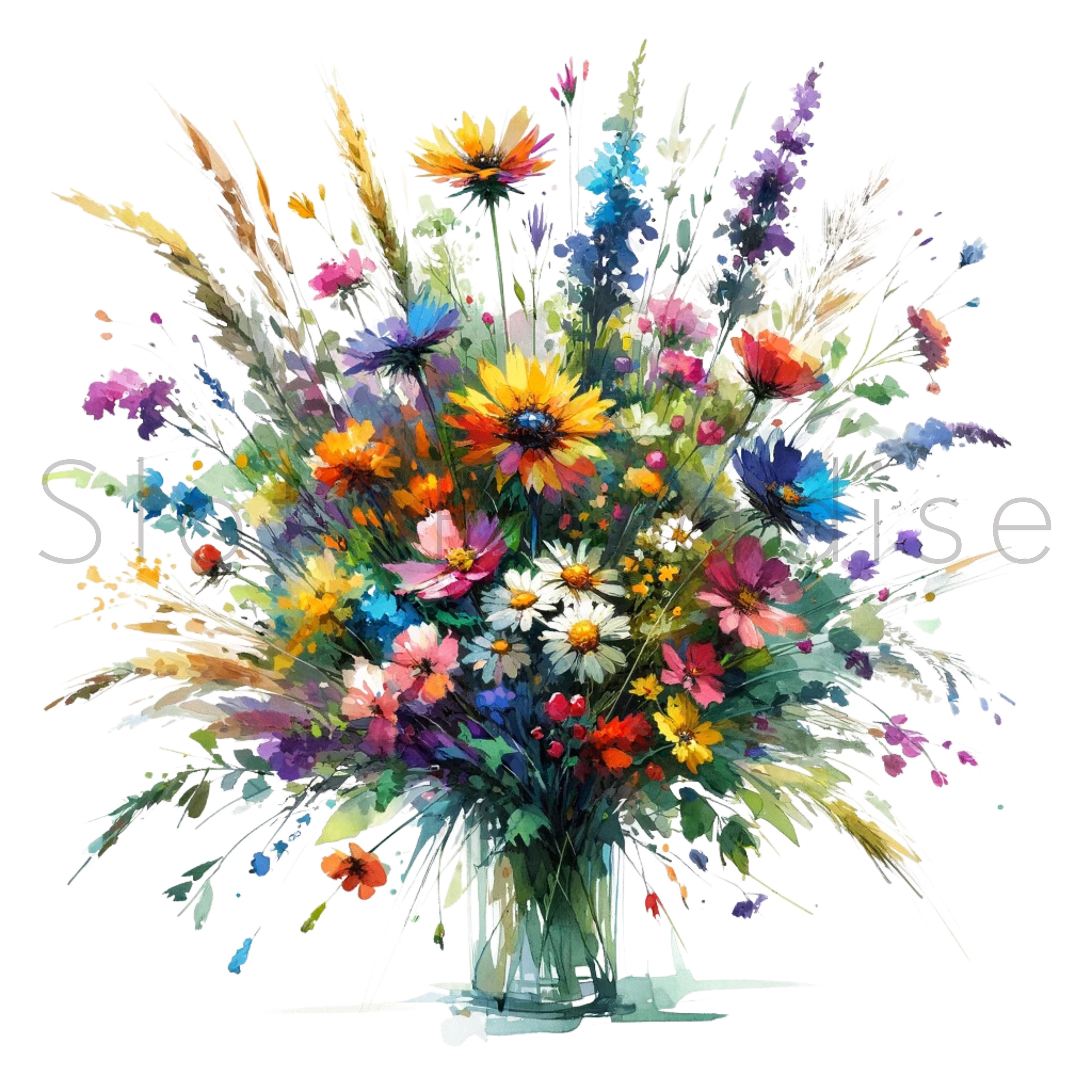 5 PNG Wildflower Bouquets Part 2 Transparent Watercolor Clipart Digital ...