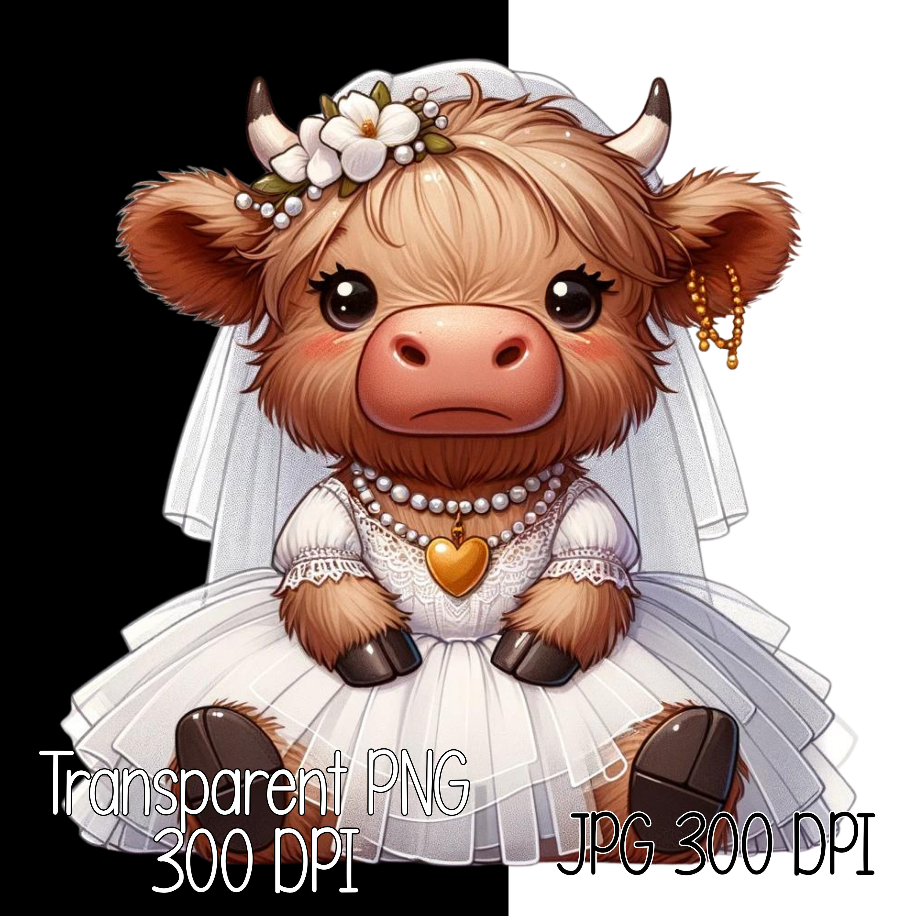 Cute Highland Cow Bride in Wedding Dress Clipart Commercial Use ...