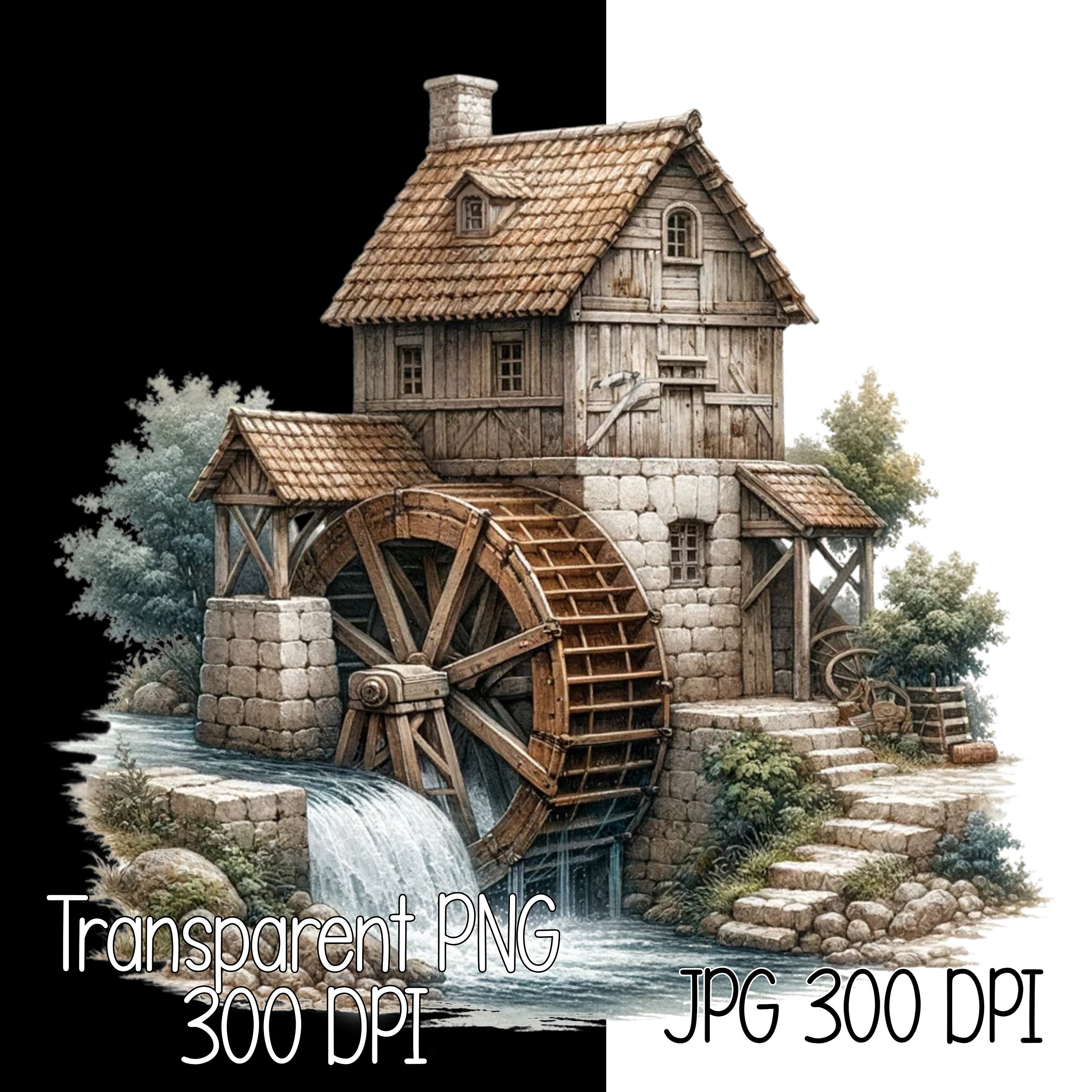 Old Water Mill Rural Country Watercolor Clipart Commercial Use ...