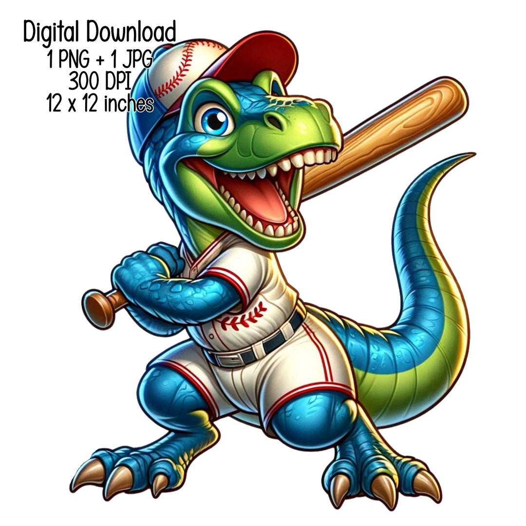 Cartoonish Dinosaur Baseball Player Illustration | Digital Download ...