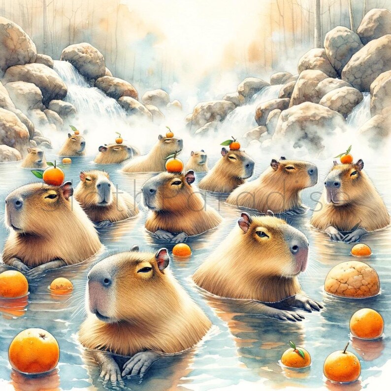 4 JPG Hot Springs Capybara Digital Download Transparent Watercolor ...
