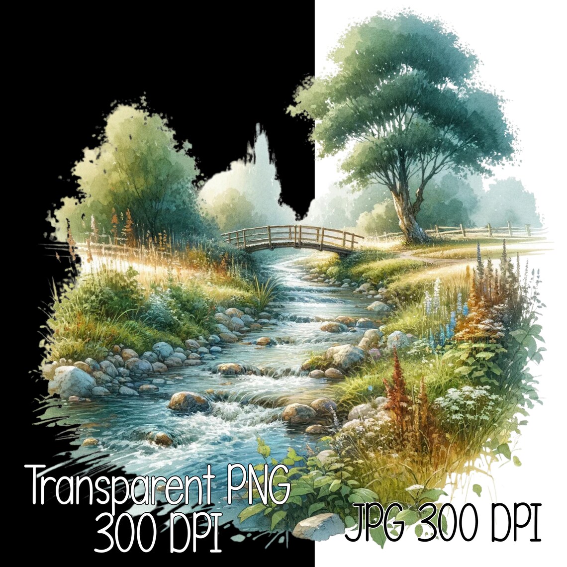 Gentle Stream Through Countryside Watercolor Clipart Commercial Use ...
