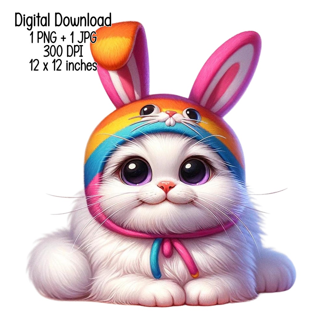 Cute White Cat With Rabbit Hat Watercolor Clipart Commercial Use ...