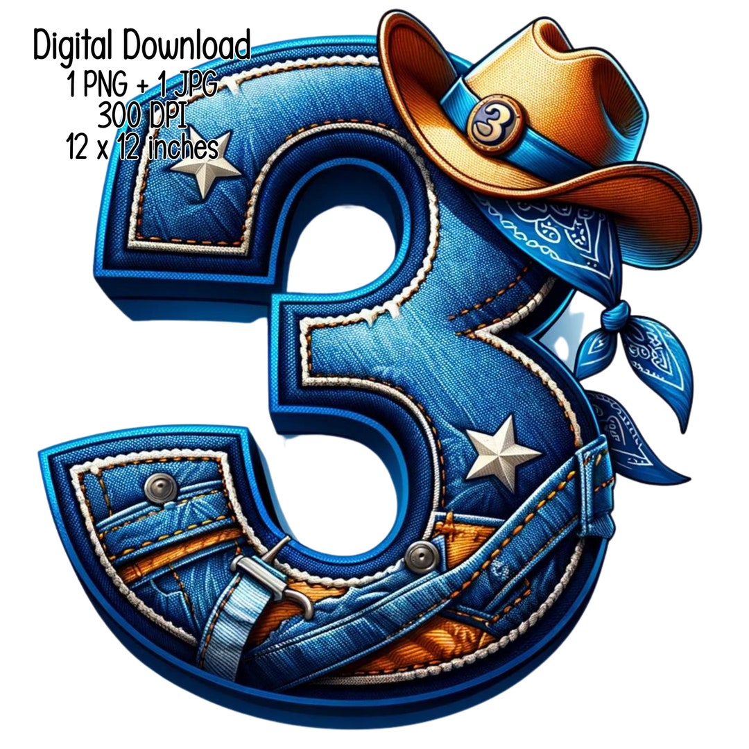 Denim 3rd Texan Boy Birthday Clipart Illustration Number Three ...