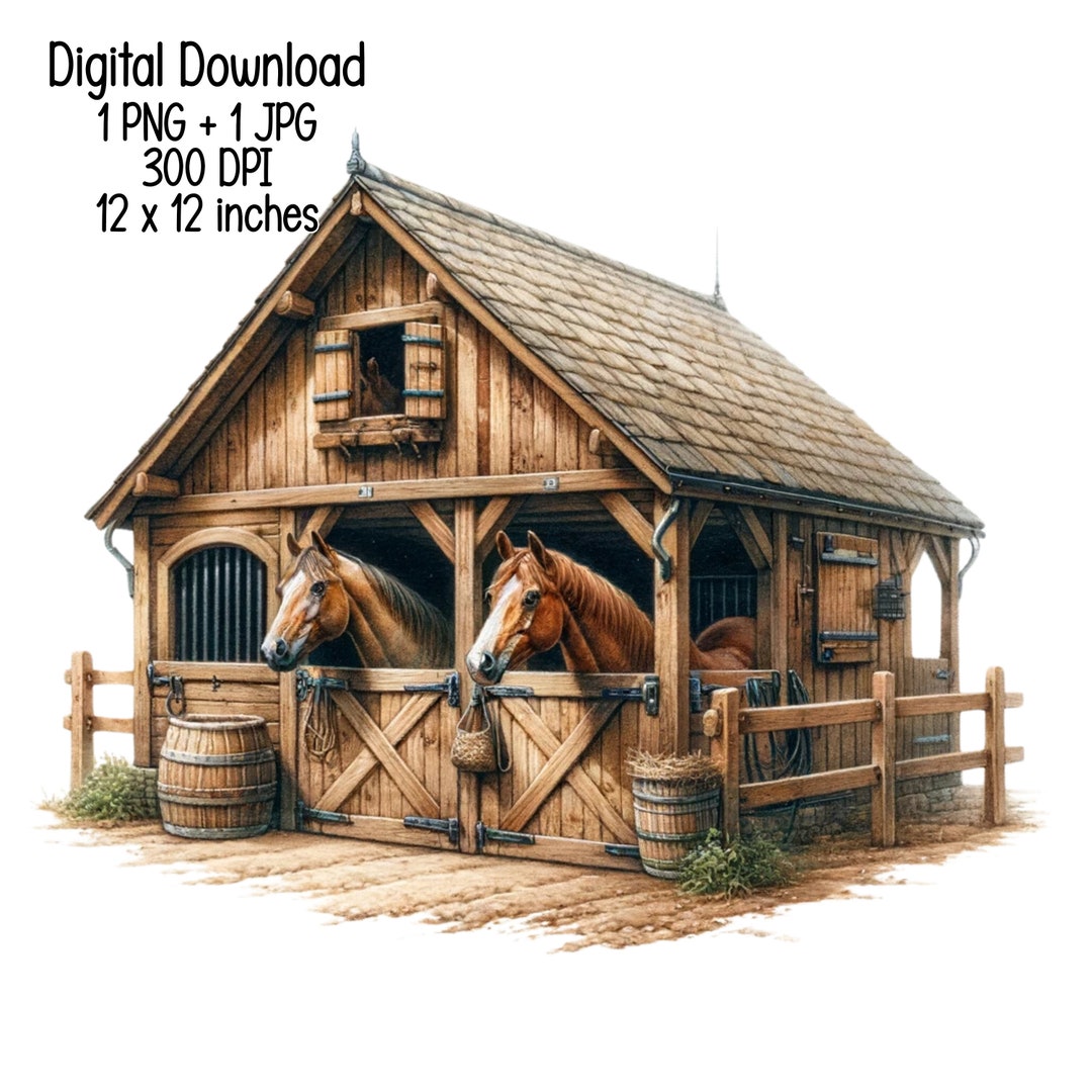 Wooden Stables With Horses Peeking Watercolor Clipart Commercial Use ...