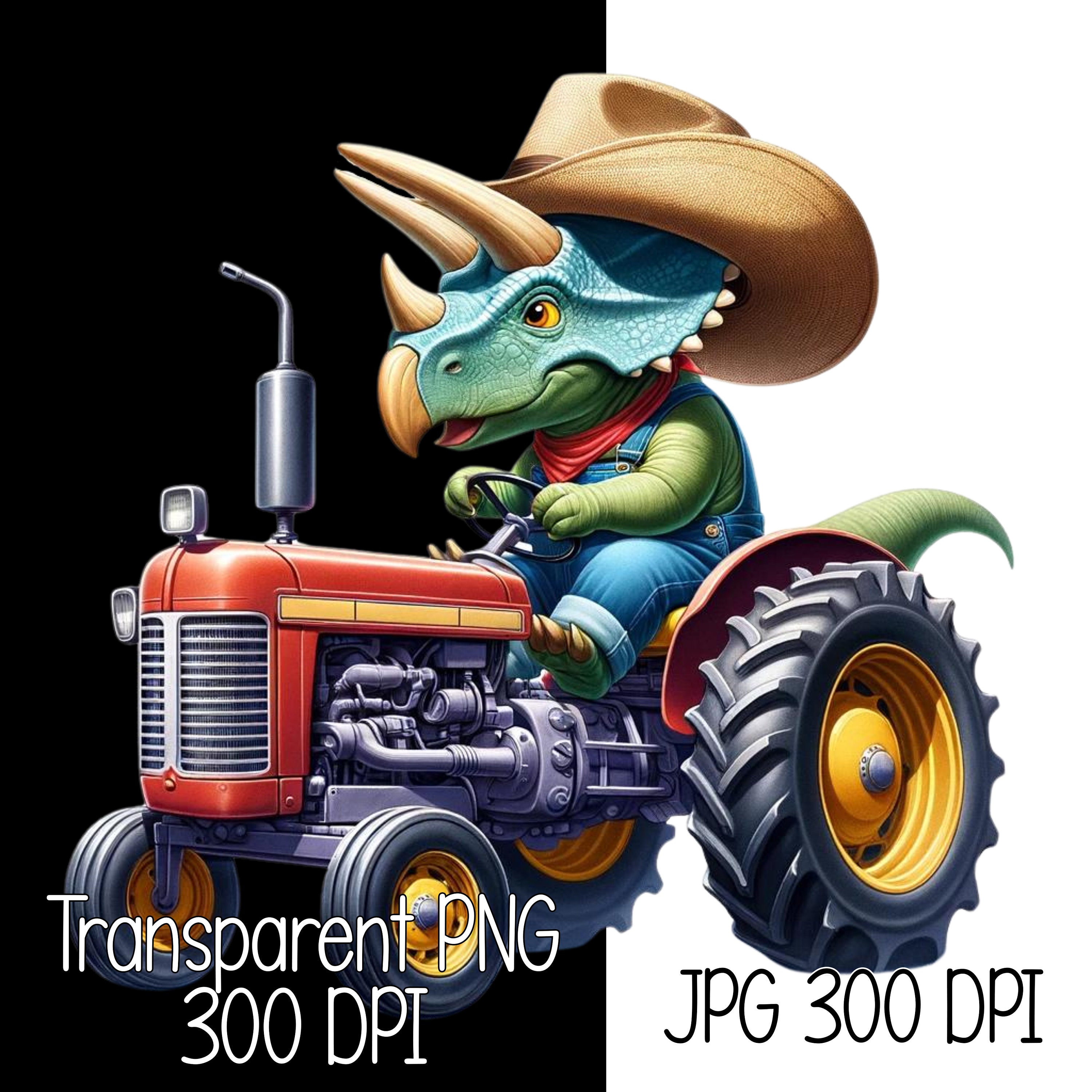 Triceratops on a Tractor, Clipart Illustration Farmer Dinosaur Commercial Use Sublimation ...