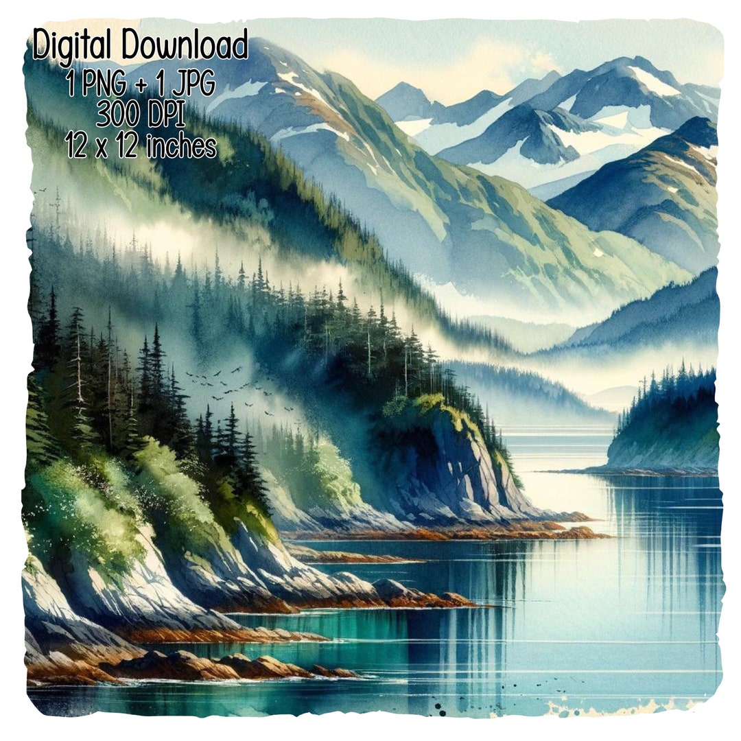 Inside Passage Coastline Watercolor Illustration Alaska Landscape ...