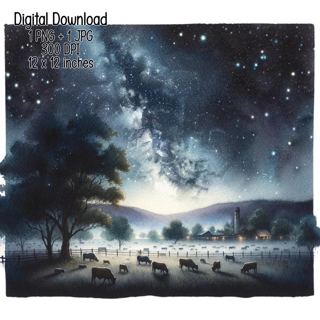 Texas Starry Night With Cattle Watercolor Illustrations Clipart ...