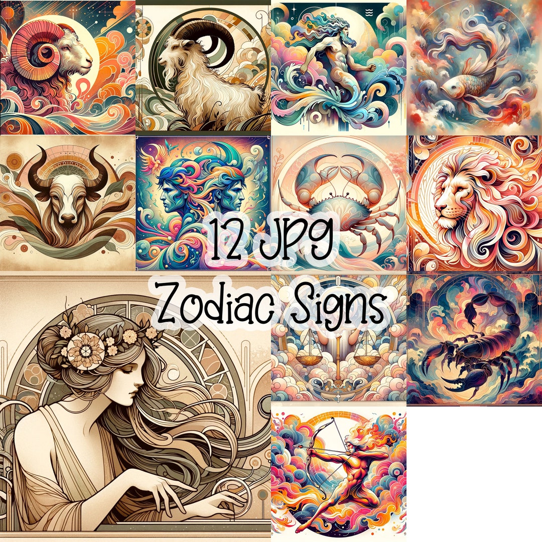 12 JPG Artistic Zodiac Signs Watercolor Digital Download Commercial Use ...