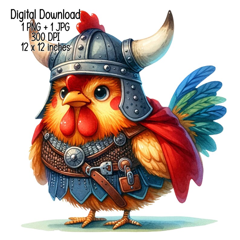Chicken Viking, Funny Rooster Viking Watercolor Clipart Commercial Use ...