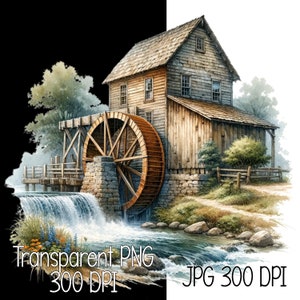 Old Water Mill Rural Country Watercolor Clipart Commercial Use ...