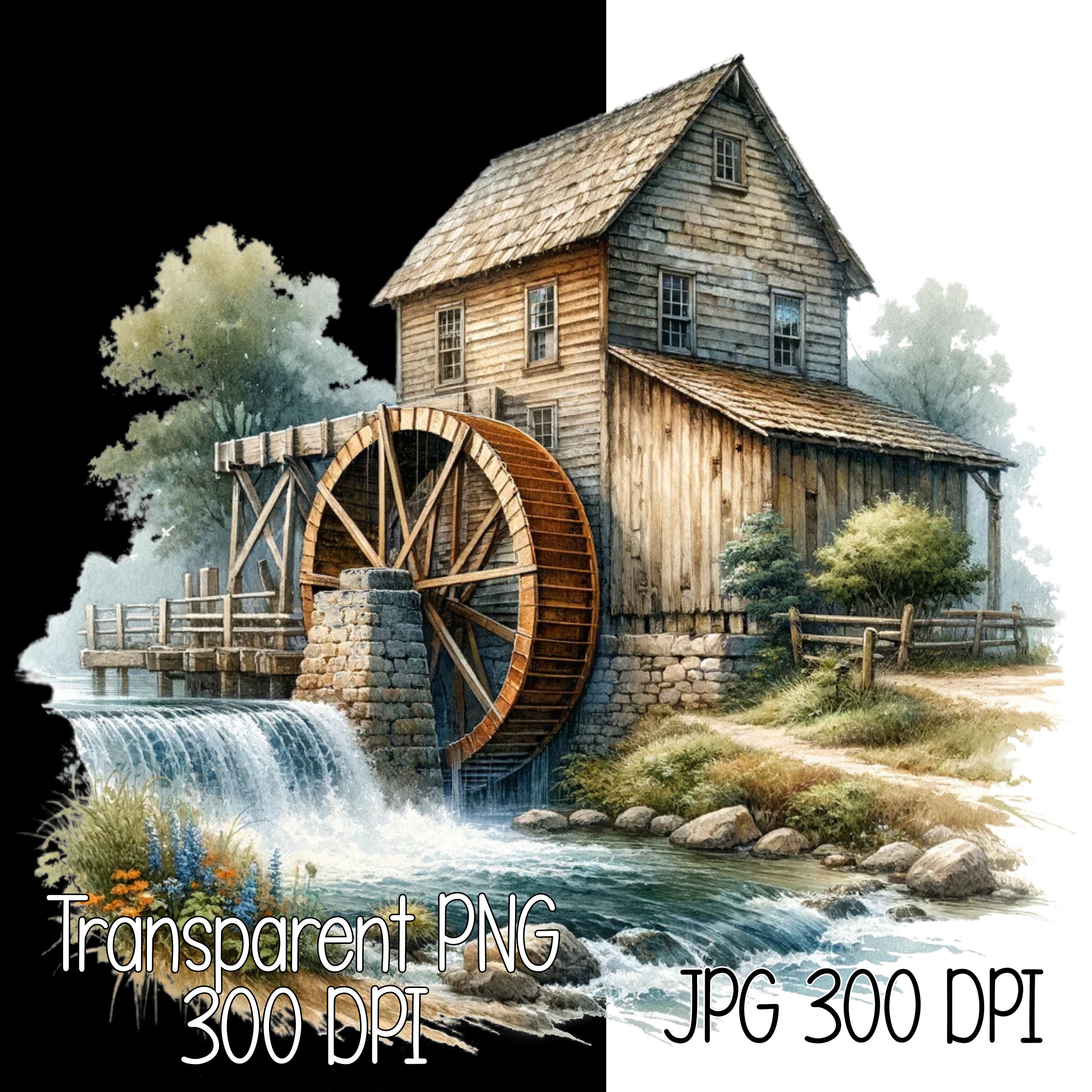 Old Water Mill Rural Country Watercolor Clipart Commercial Use ...