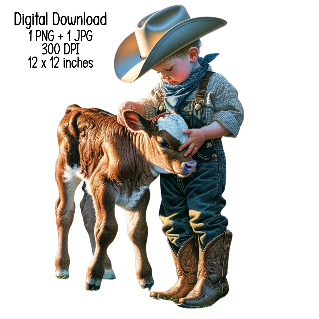 Texan Boy With Baby Cow Digital Download Boy Farmer Watercolor Clipart ...