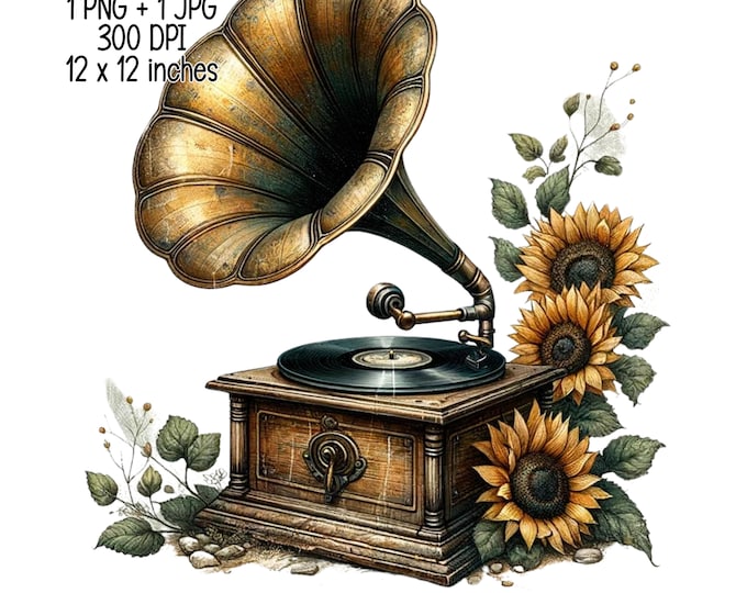 Printable Phonograph and sunflowers wall decor, Vintage Record Player ...