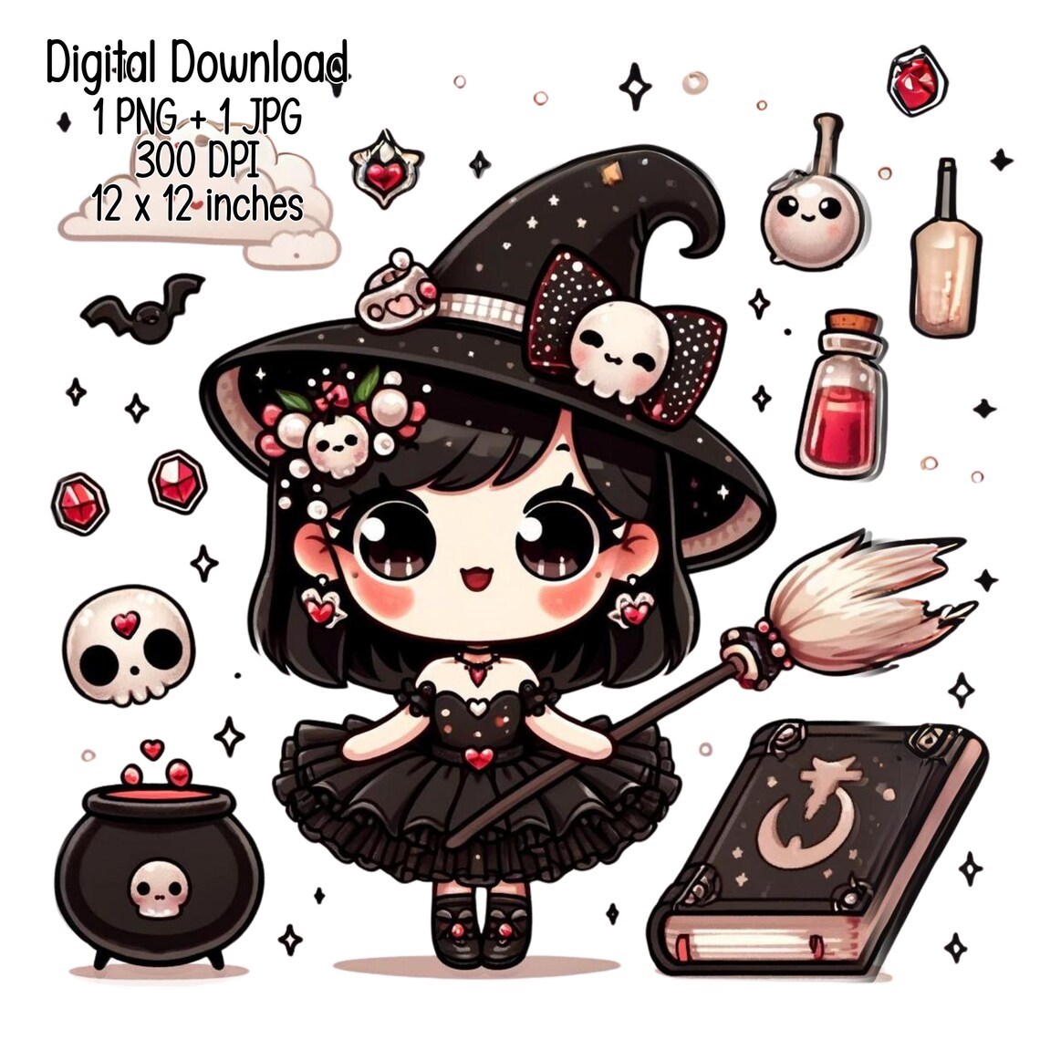 Cute Adorable Witch Digital Download, Witch Elements Illustration ...