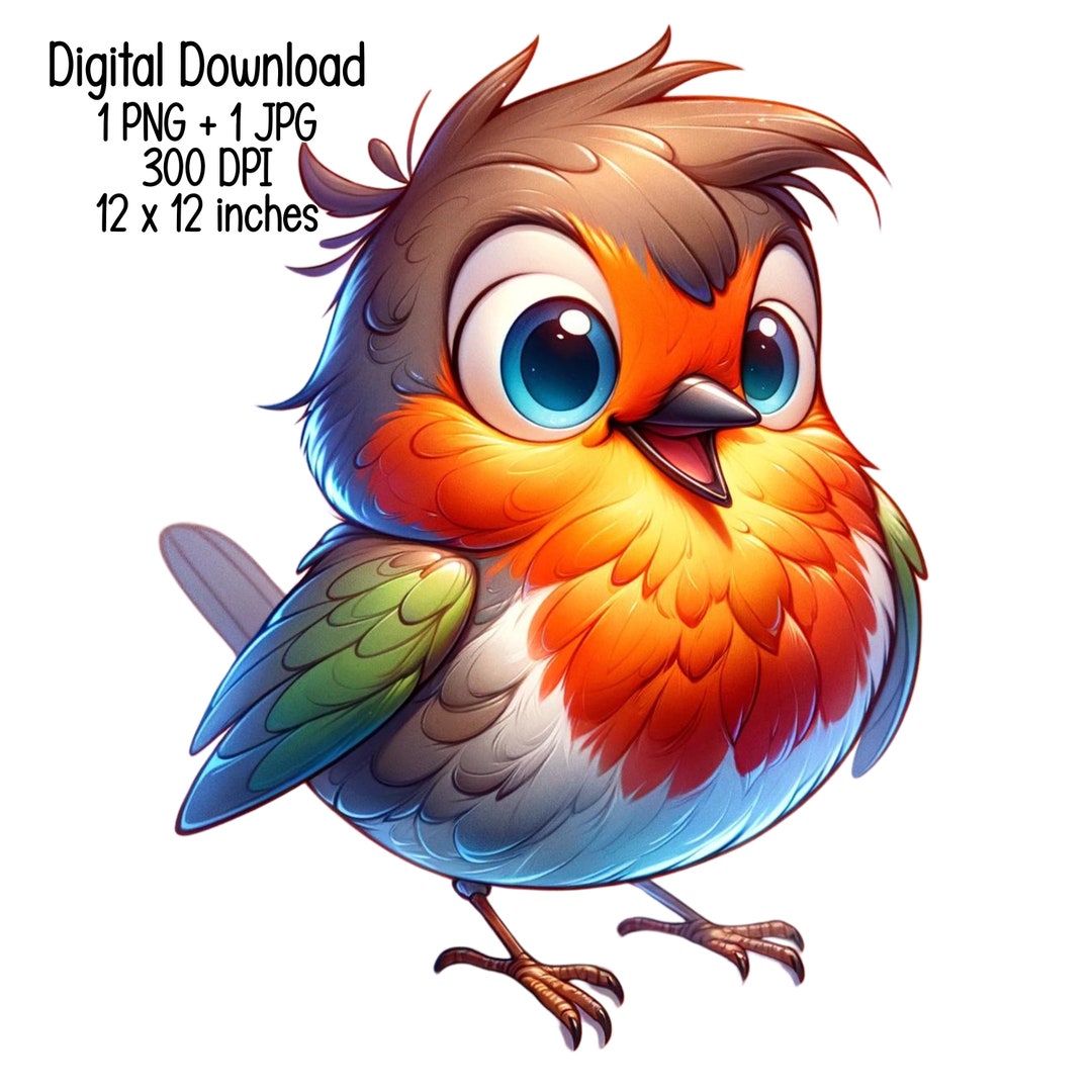 Funny Cute Colorful Humorous Robin Bird Illustration Clipart Commercial ...
