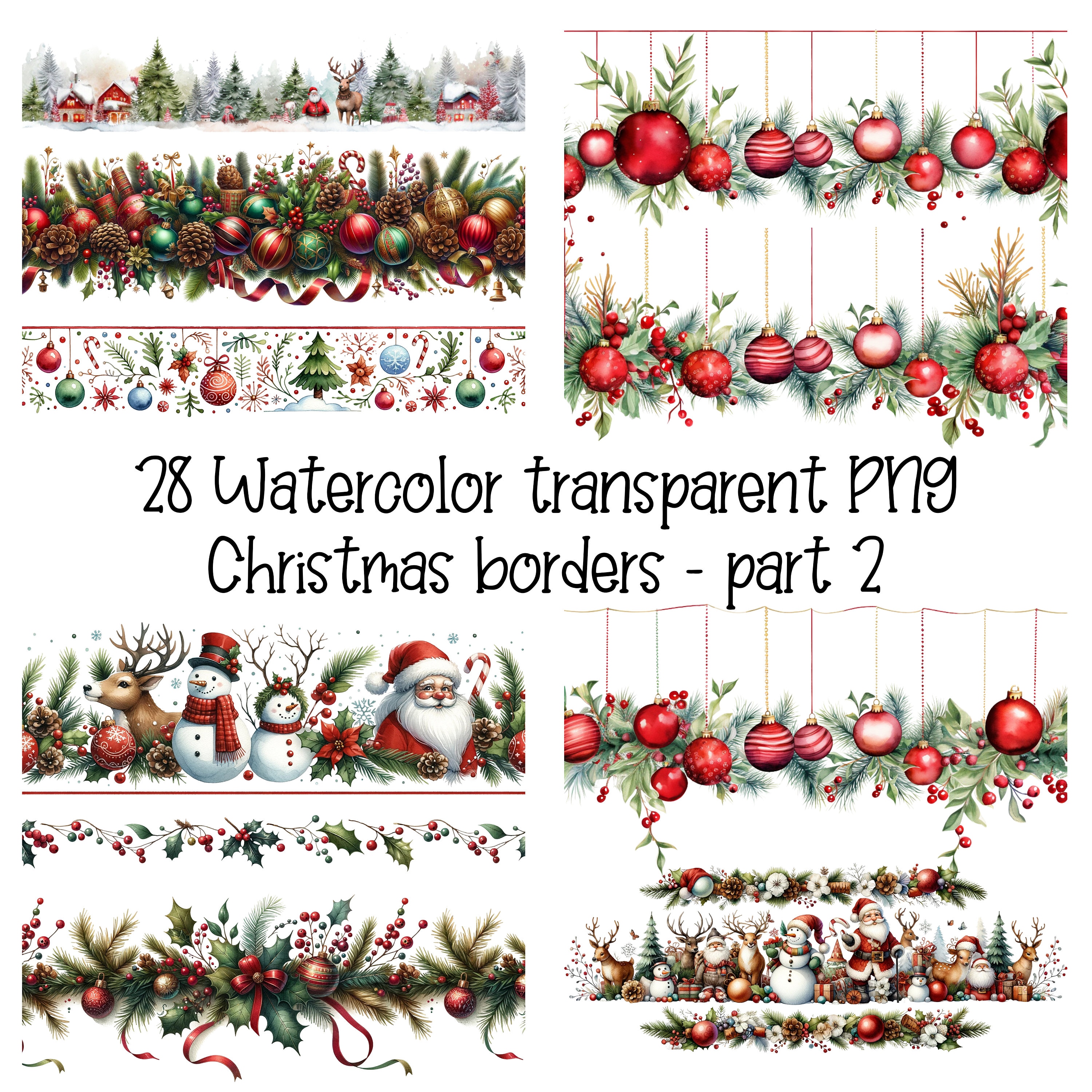 28 PNG Christmas Borders Part 2 Watercolor Transparent Clipart Digital ...