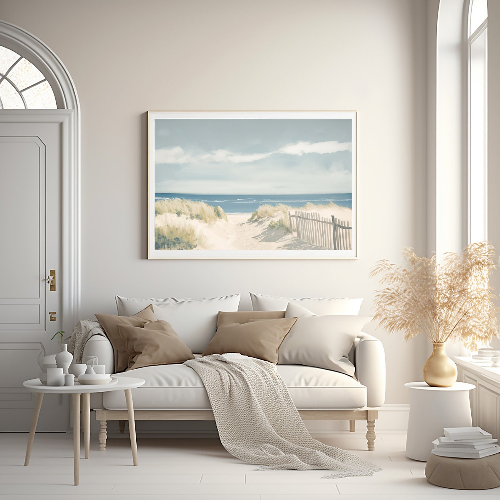 Serene Summer Beachscape, Pastel Ocean, White Sand and Fence Art Print ...