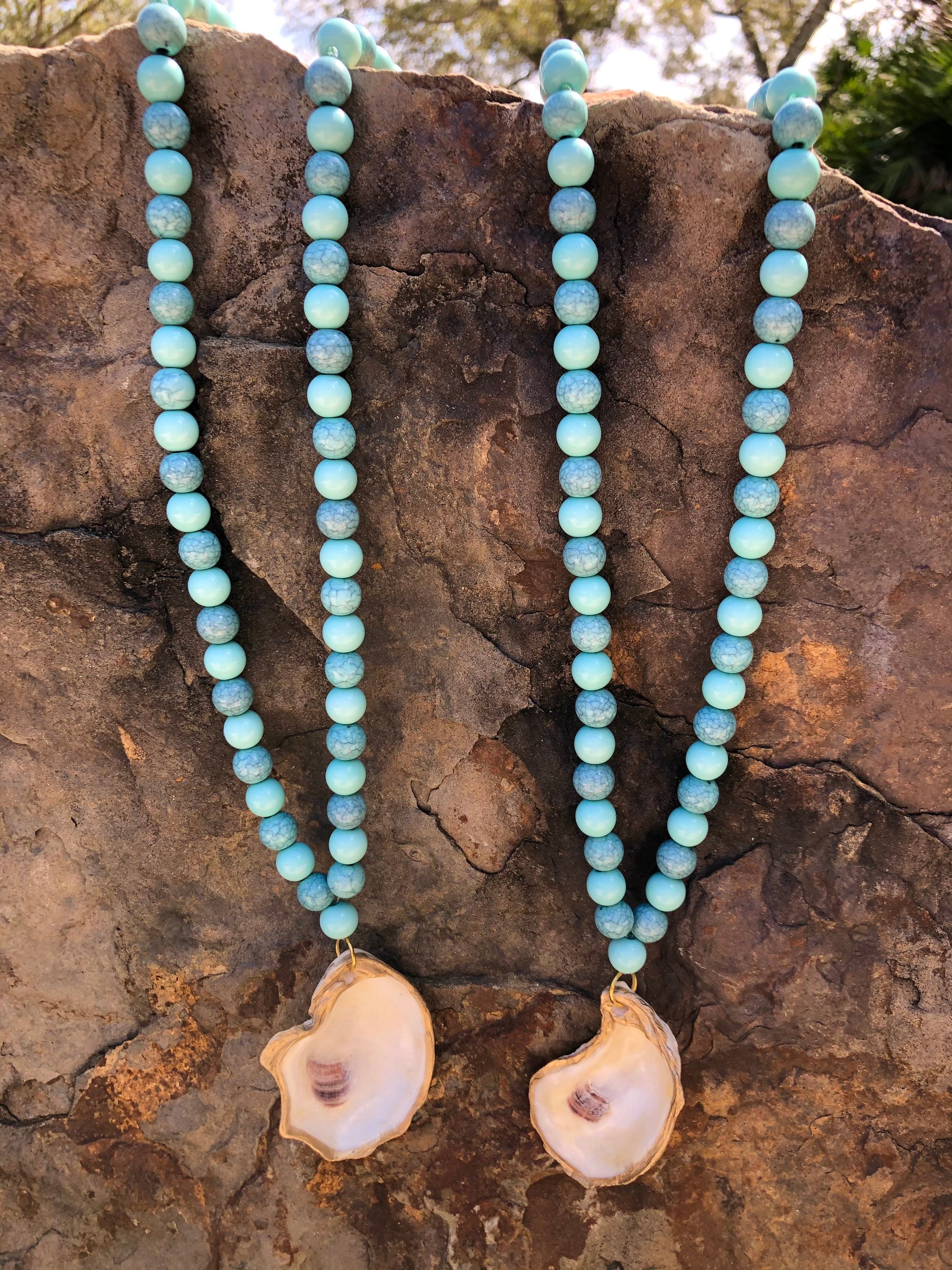 Blue Beaded Oyster Shell Necklace - Etsy