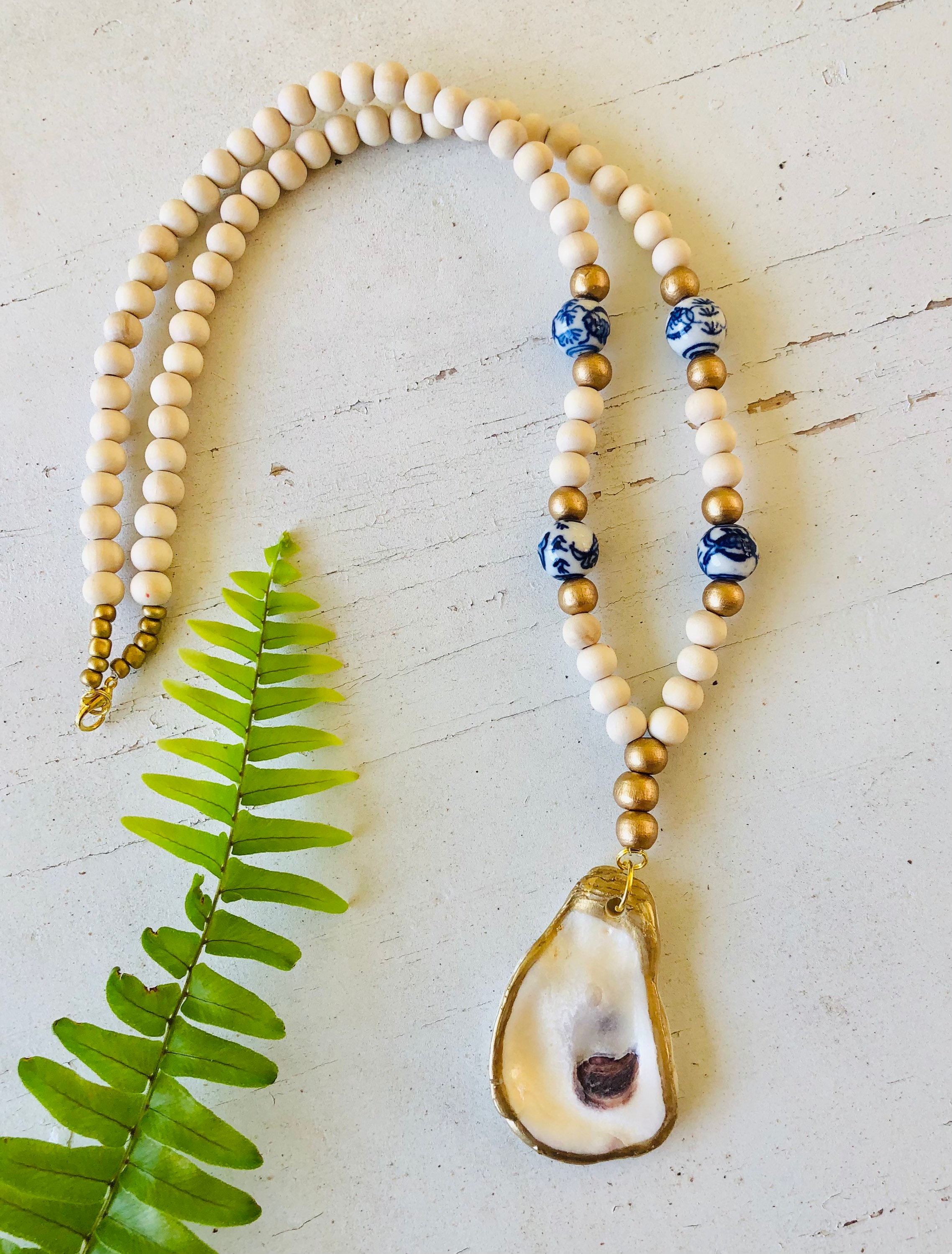 Oyster Shell Necklace With Wood Beads and Chinoiserie Glass Beads - Etsy