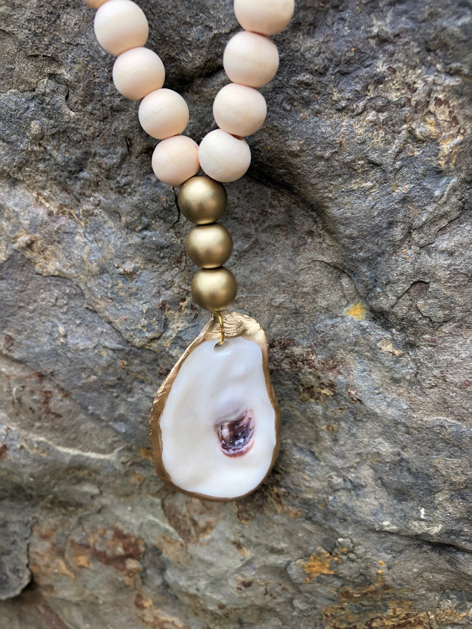 Oyster Shell Necklace With Glass & Wooden Beads - Etsy