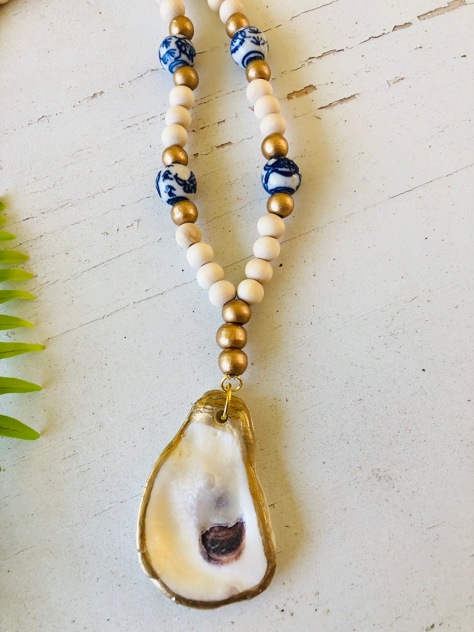 Oyster Shell Necklace With Wood Beads and Chinoiserie Glass Beads - Etsy
