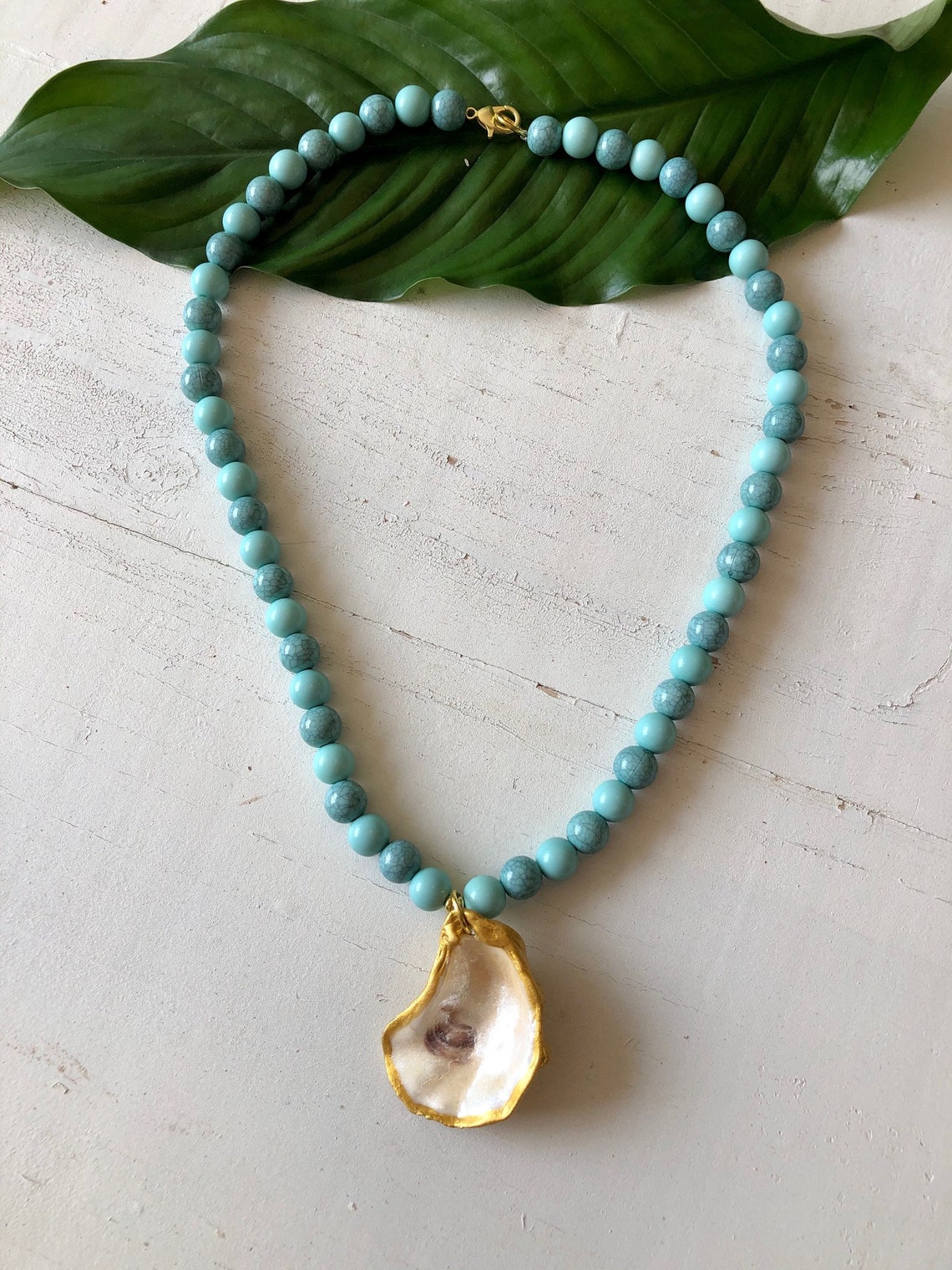 Blue Beaded Oyster Shell Necklace - Etsy