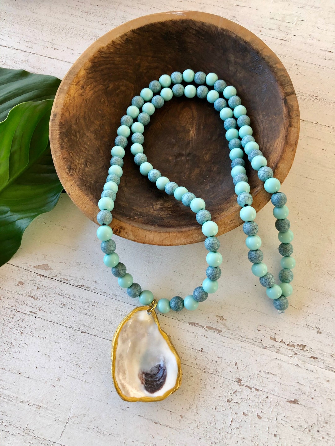 Blue Beaded Oyster Shell Necklace - Etsy
