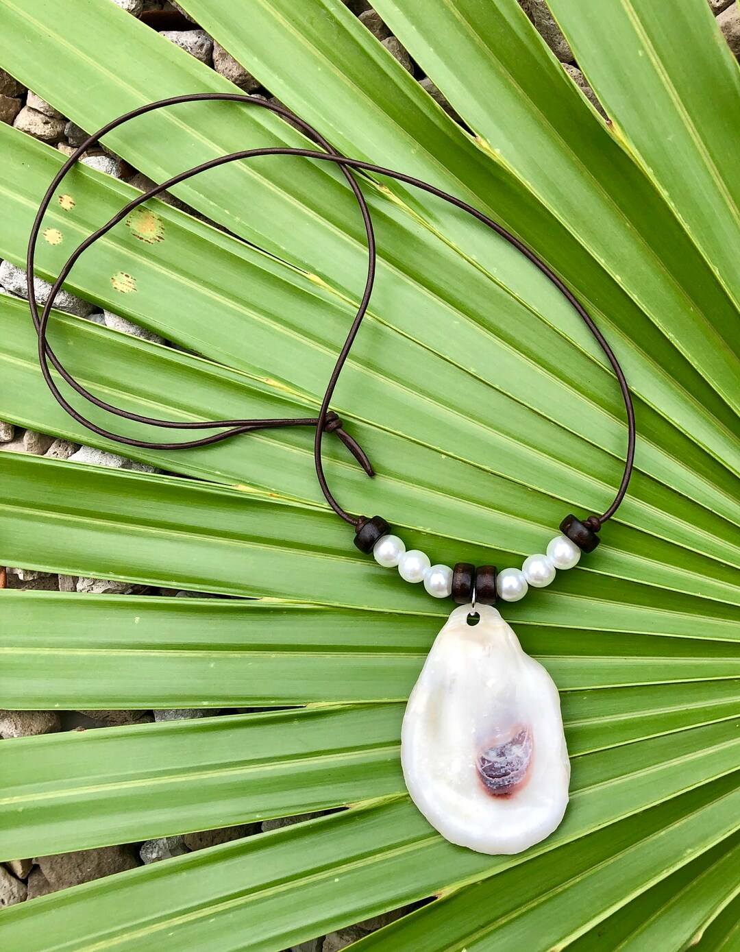 Leather and Pearl Oyster Necklace - Etsy
