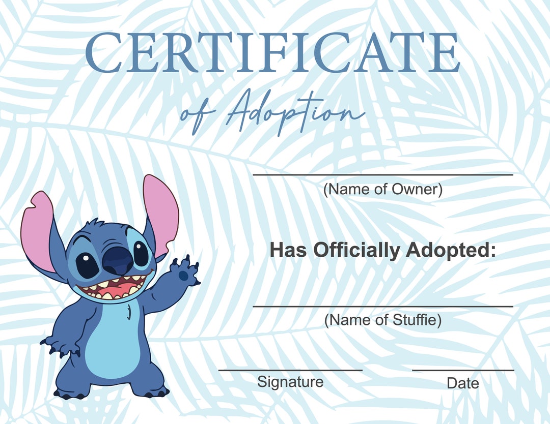 Stitch and Angel Certificate of Adaption - Digital Download - Etsy