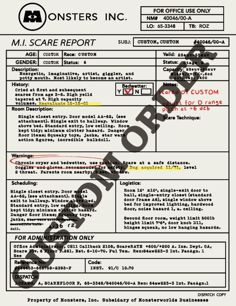 Monsters Inc Child Scare Report Customizable Movie Prop Etsy