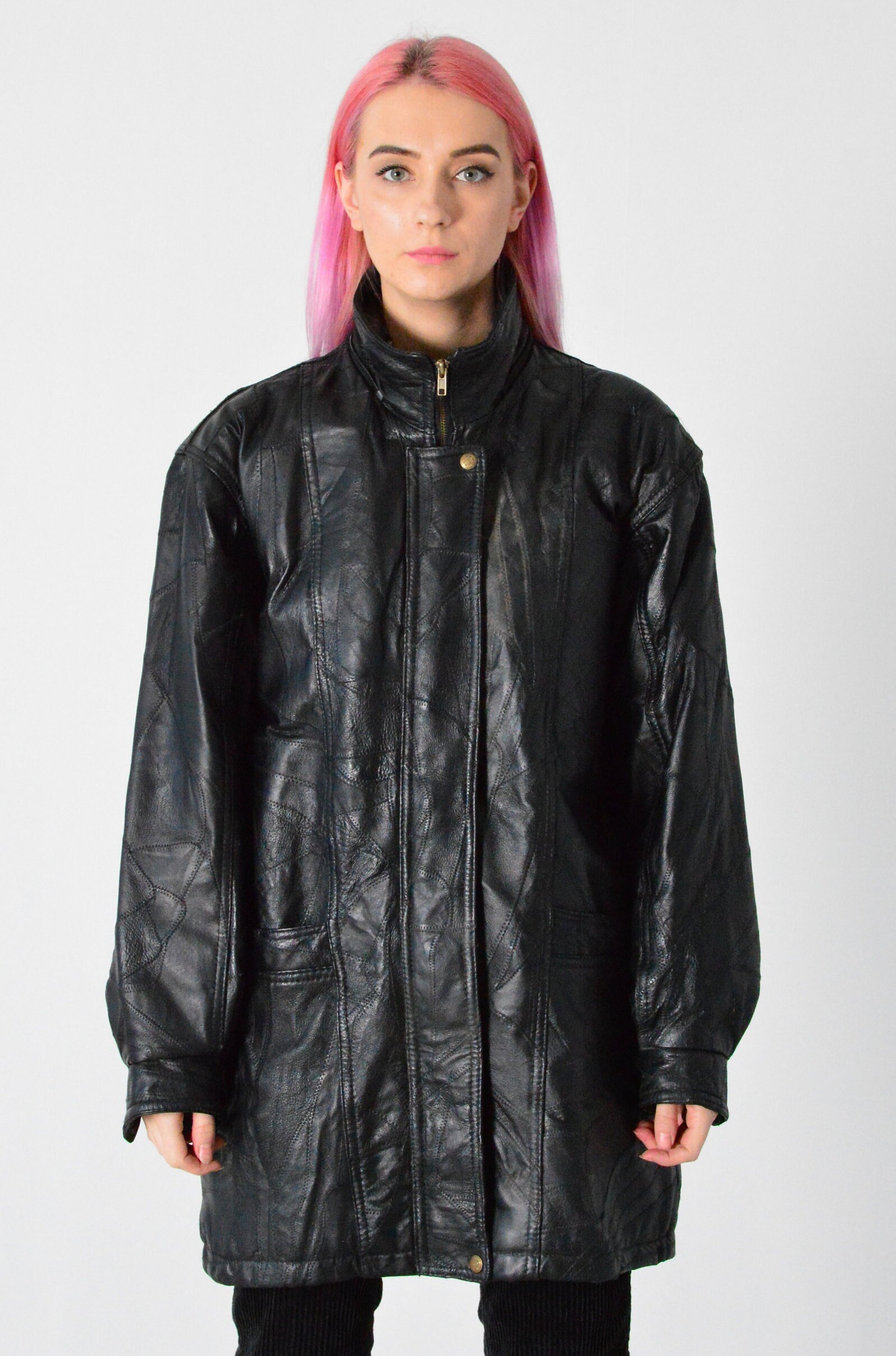 Vintage 90s Abstract Zip Leather Coat Women Leather Jacket | Etsy