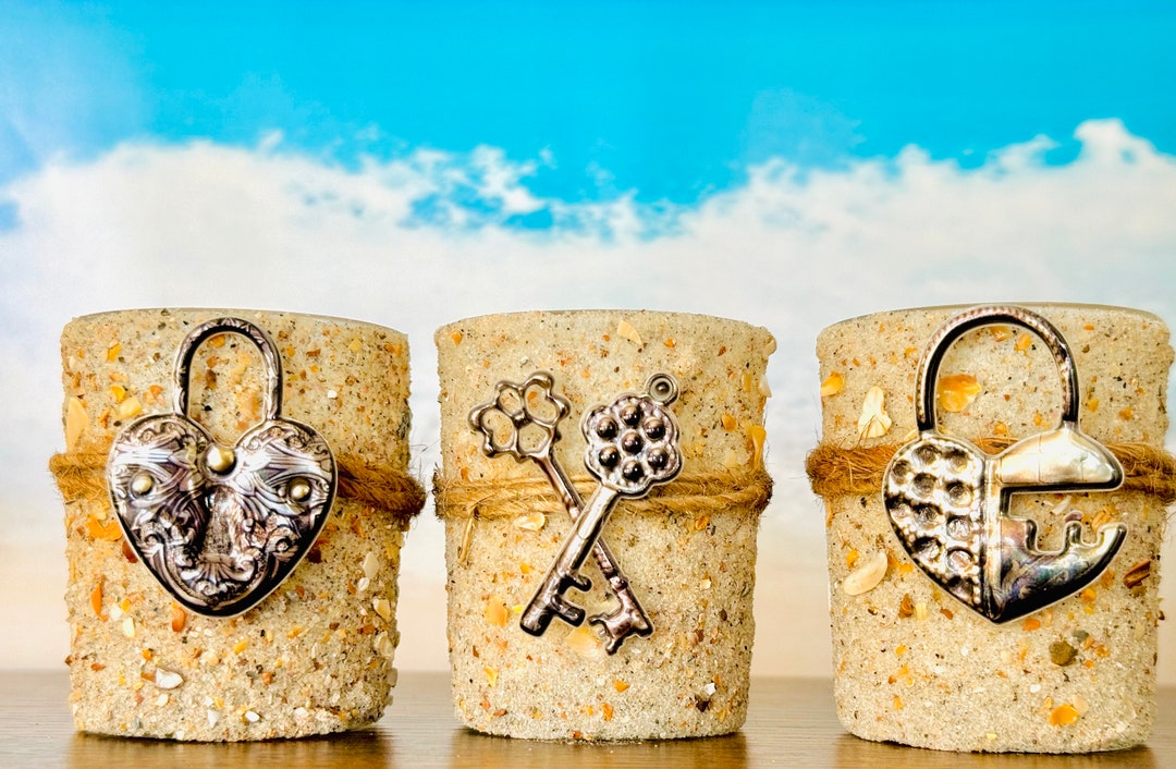 Lock and Key Candles, Beach Glass Candleholders, Heart Candle Set ...