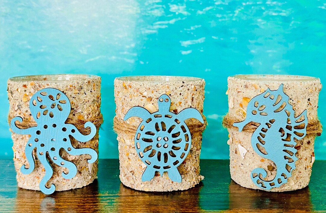 Nautical Candle Set, Sea Animals, Ocean Decor, Glass Container Candles ...