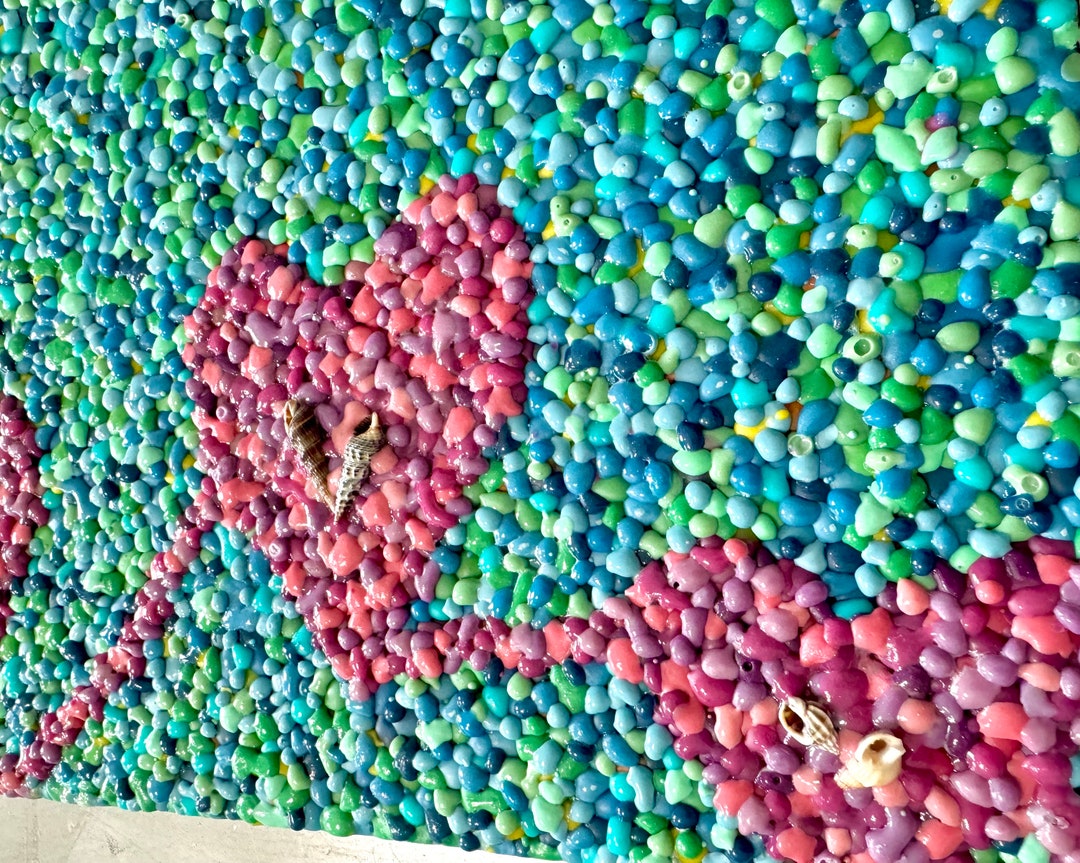 Original Seashell Heart Pointillism Wall Art, Encaustic Painting, Beach ...