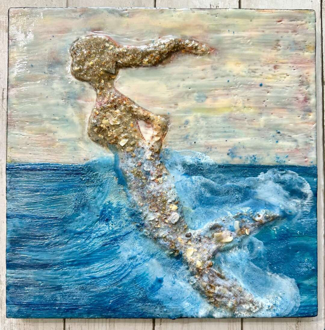 Mermaid Art, Encaustics, Beach Room Decor, Coastal Artworks, Textured ...