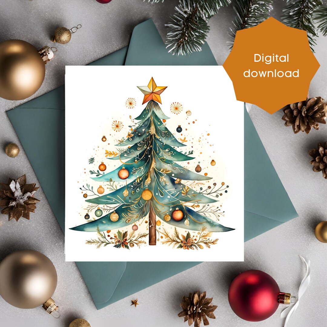 Printable Card PDF Featuring a Beautiful Christmas Tree in Watercolors ...