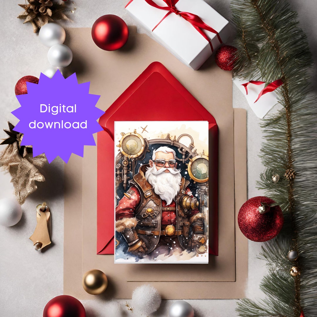 Printable Card PDF Featuring a Beautiful Steampunk Santa, Lastminute ...