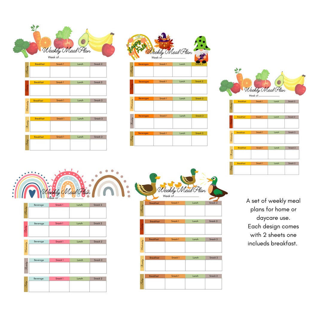 Daycare Meal Planner, a Set of 5 Different Designs, Perfect for Home or ...