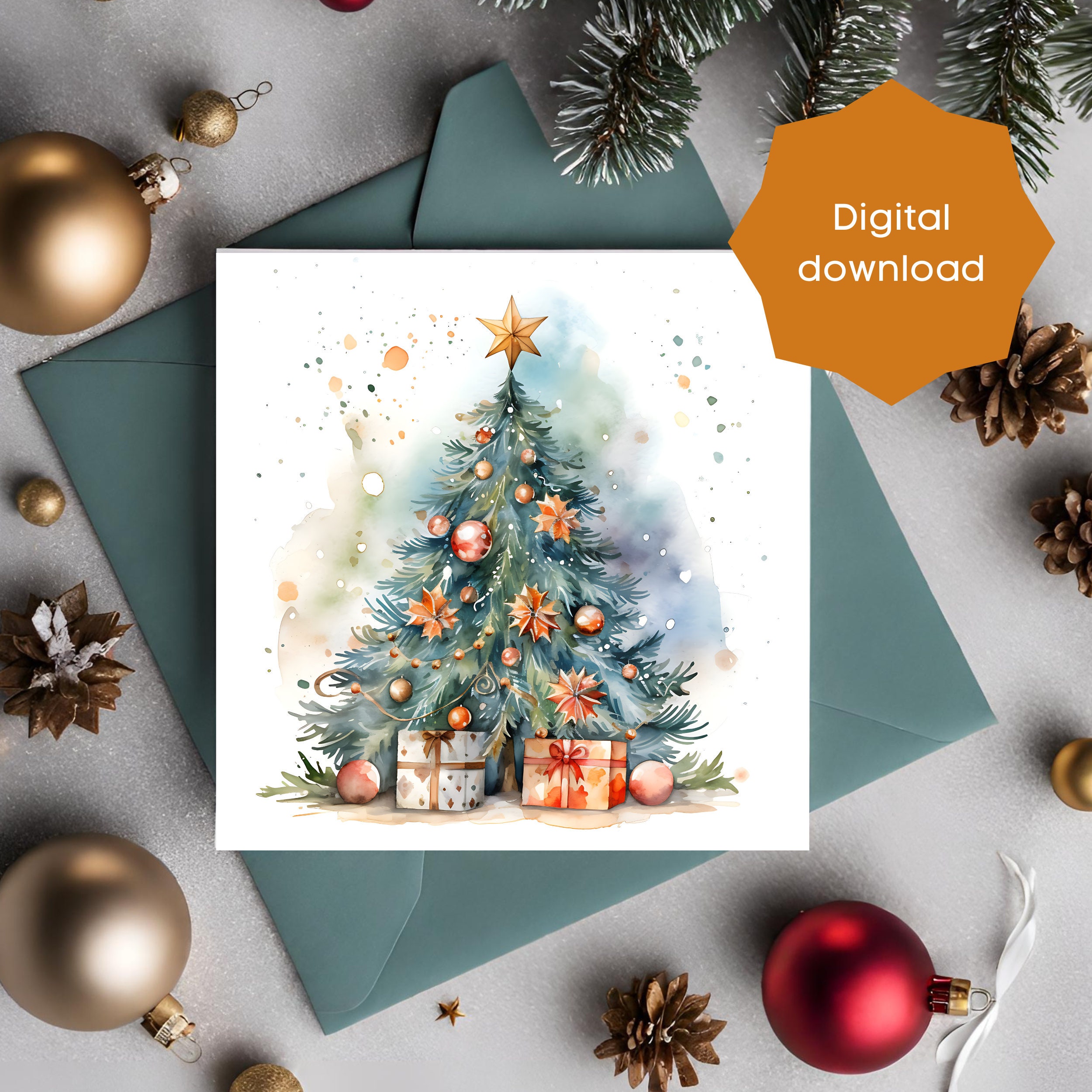 Printable Card PDF Featuring a Beautiful Christmas Tree in Watercolors ...