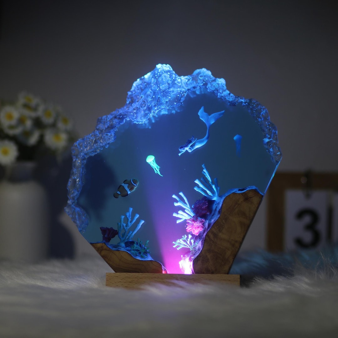 Mermaid Epoxy Resin Night Light,ocean Personalised Handmade Wood Light ...