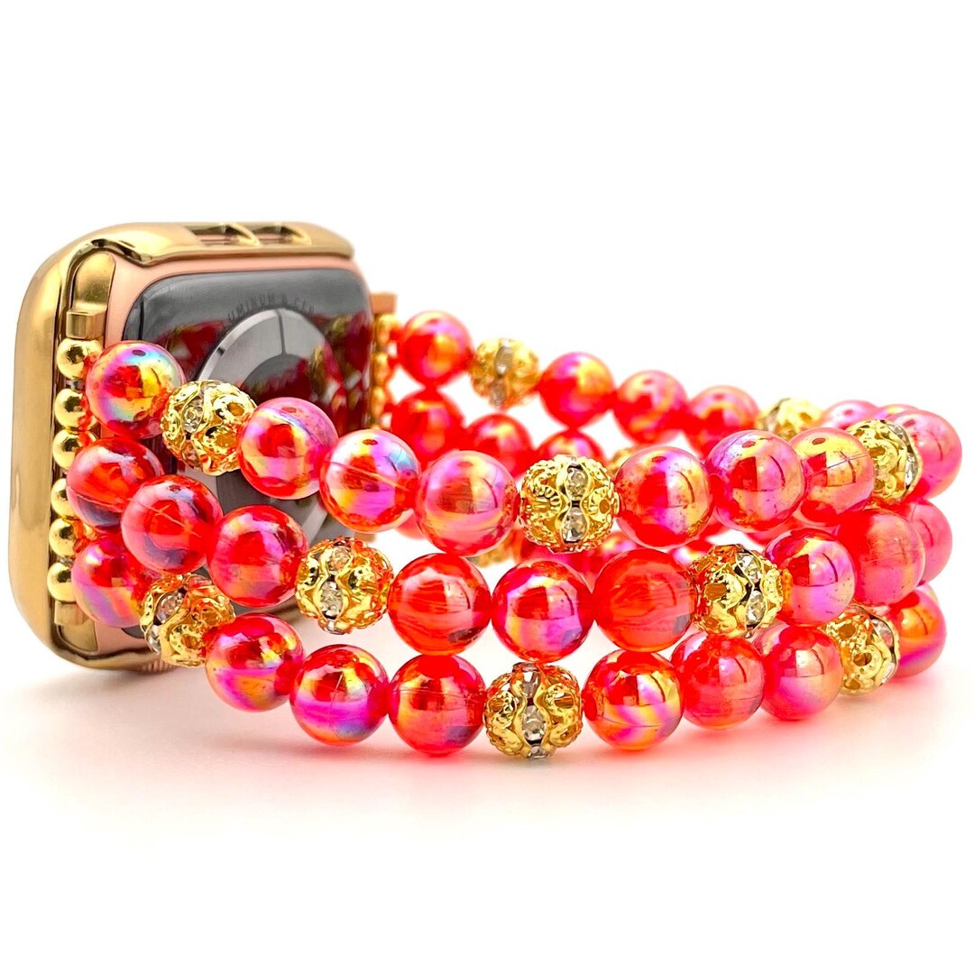 Custom Handmade Red and Gold Watch Beaded Band Compatible With Apple ...