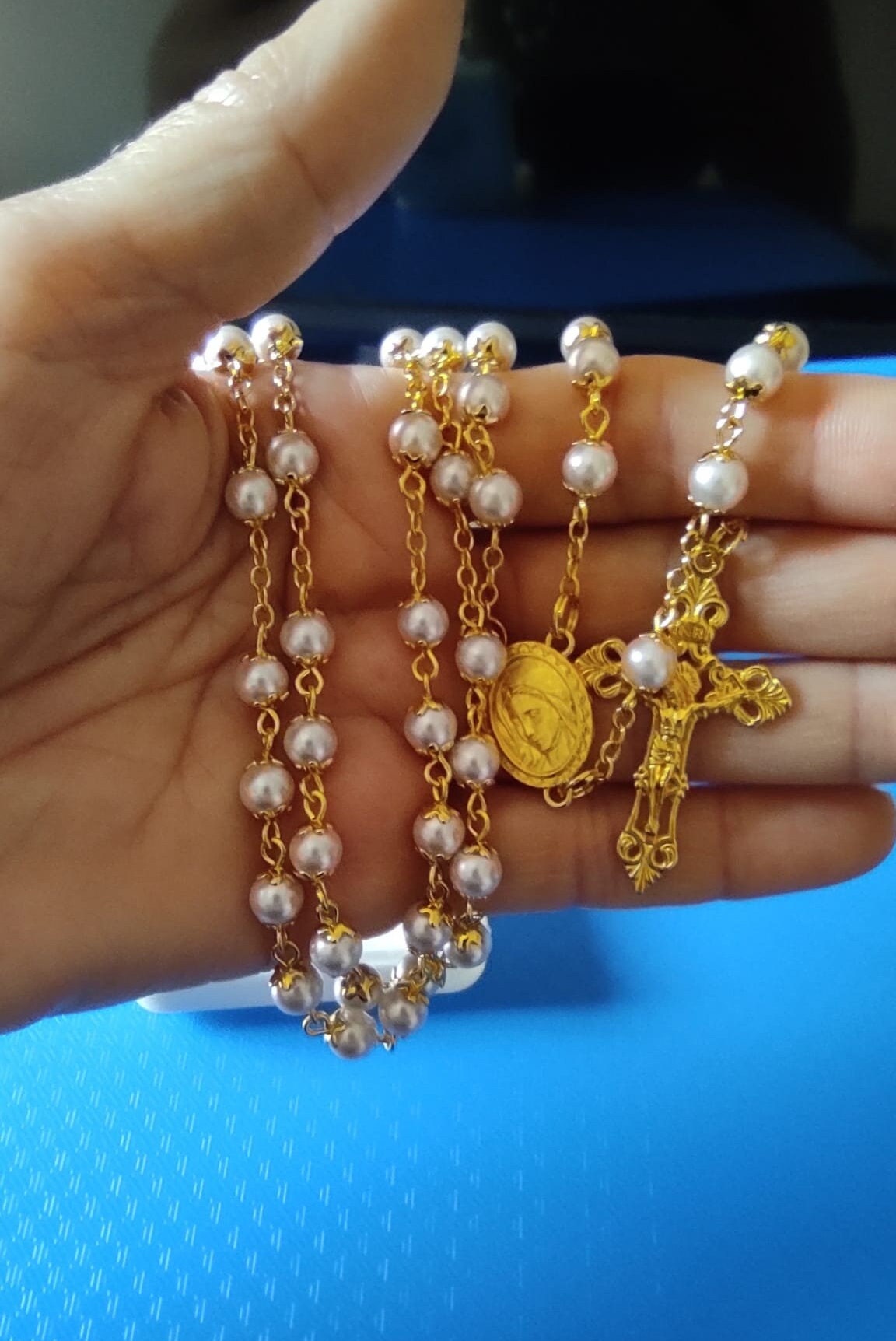 Ave Maria Rosary Necklace Gold Plated Metal and Pearls - Etsy