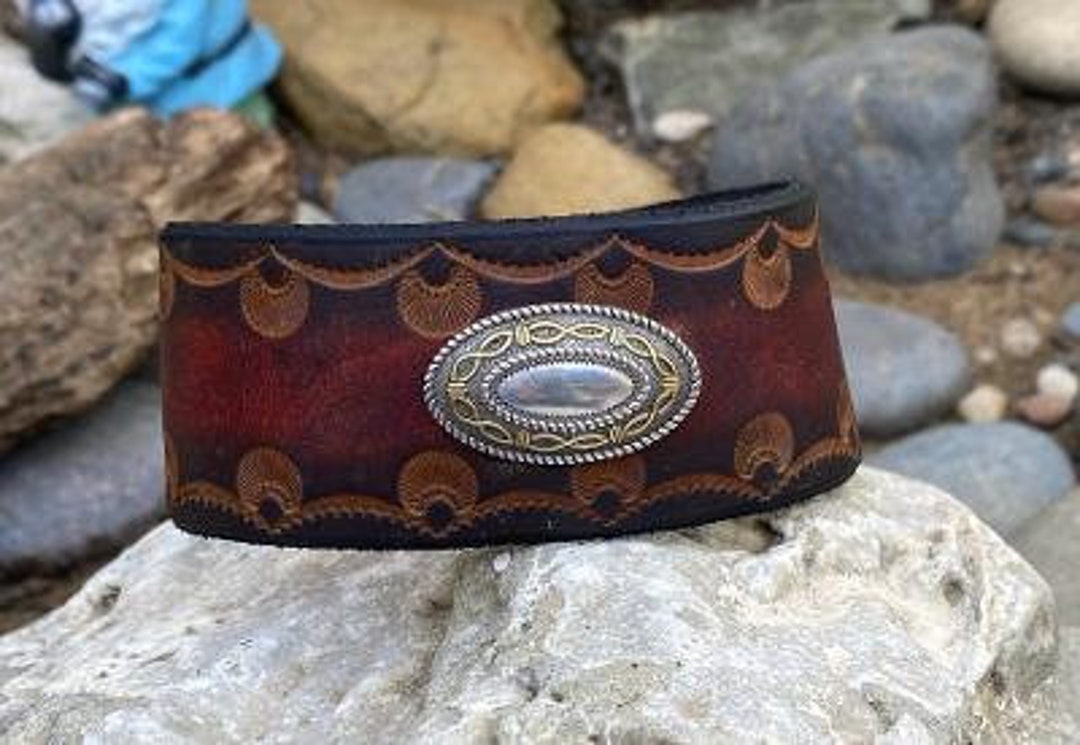 Brown Leather Tooled Upper Arm Band/bicep Cuff With Concho - Adjustable ...