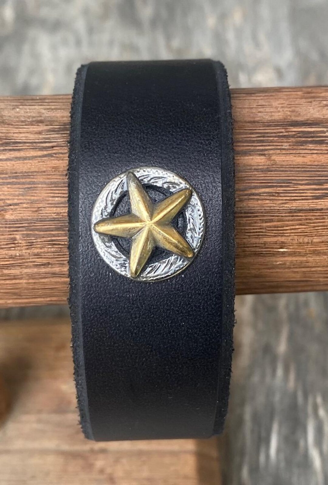 Black Leather Cuff With 3 - D Texas Star Concho - Large - Etsy